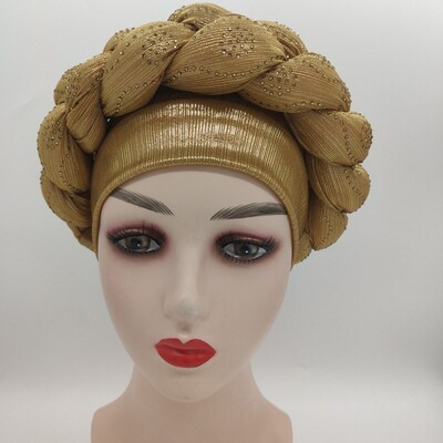 Latest Aso Oke Auto Gele Headtie Women Turban Cap With Braid