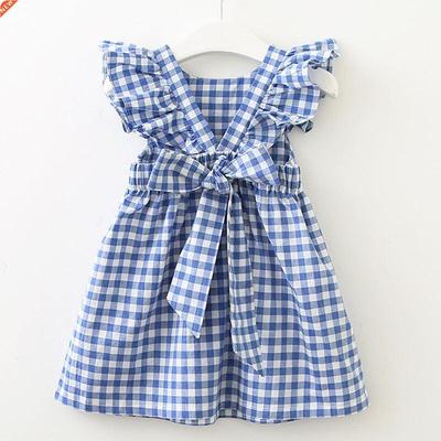 New Summer Flying sleeve Plaid Baby Girl Clothes Ruffles Bac