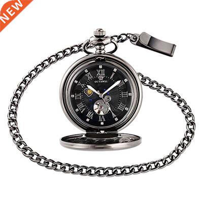 OYAWEI Vintage Pocket Watch Black Case Hollow Dial Moon Phas