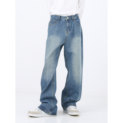 Voguo Relay 原创新品韩版宽松直筒纯色蓝色百搭牛仔裤 男女同款