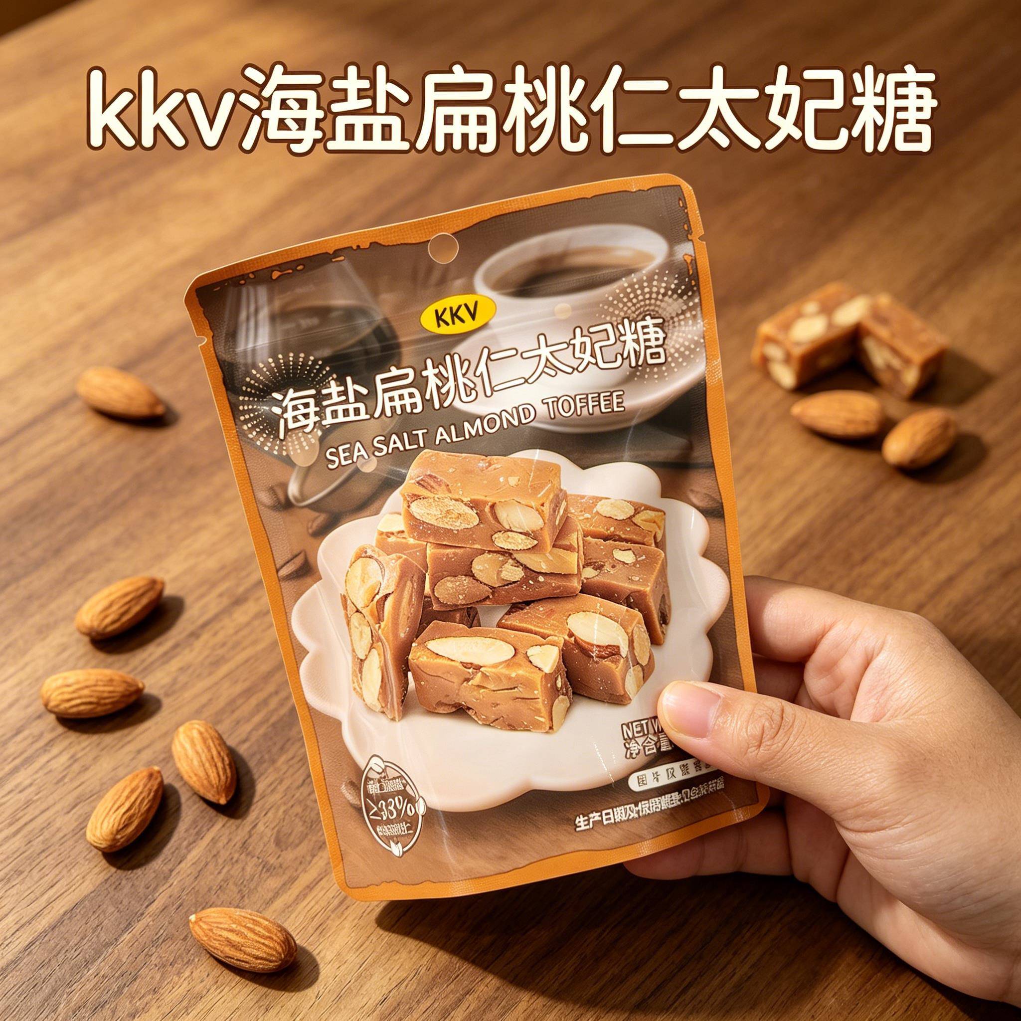 kkv海盐扁桃仁太妃糖抹茶扁桃仁牛轧糖袋装零食酥脆焦糖杏仁坚果