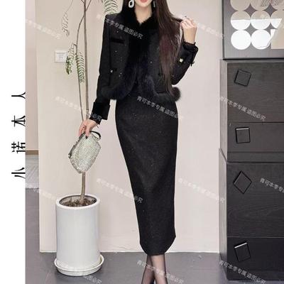 毛呢2024拼接狐狸毛套装新品促销