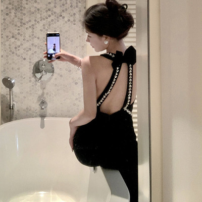 实拍黑色高端晚礼服钻石蝴蝶结生日party鱼尾挂脖丝绒连衣裙