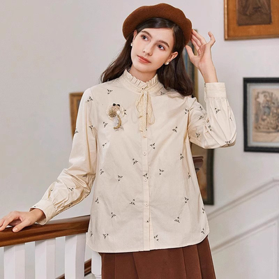 全棉立领花朵刺绣正肩衬衫