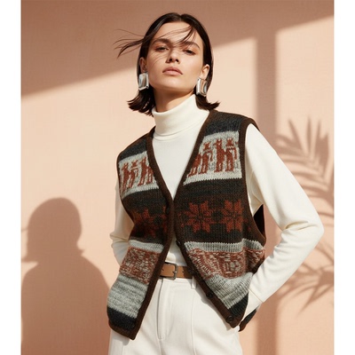 范可儿纯绵羊毛复古粗针提花马甲