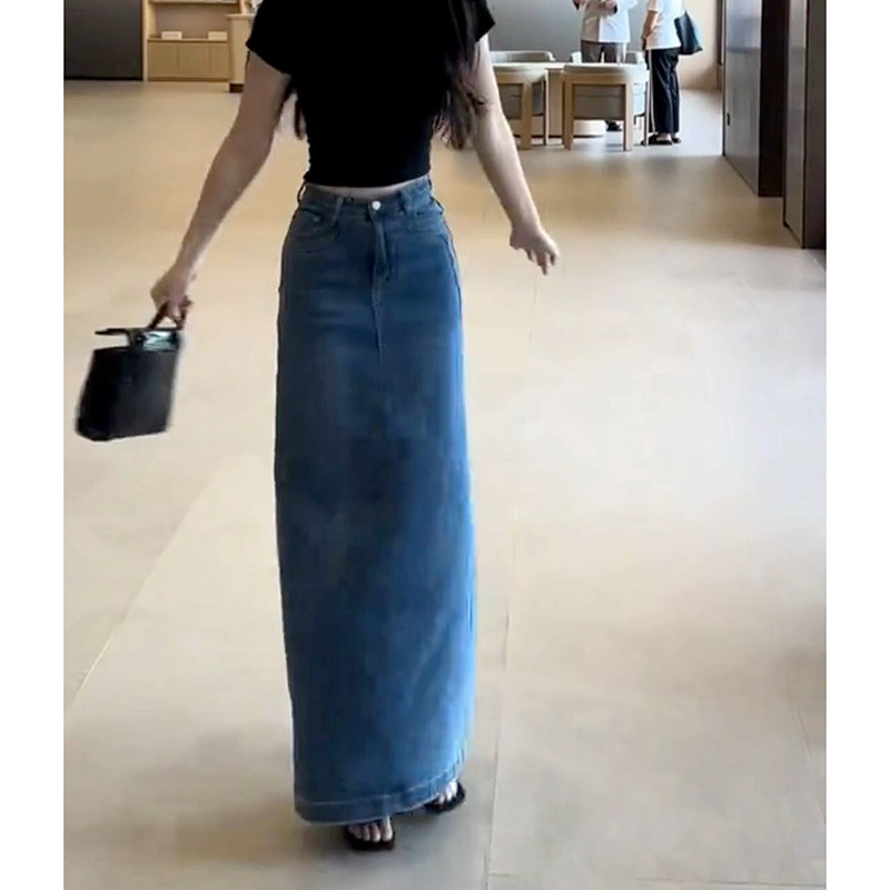 港式休闲风深蓝色加长复古水洗后开叉高腰牛仔半身裙子女夏季新款
