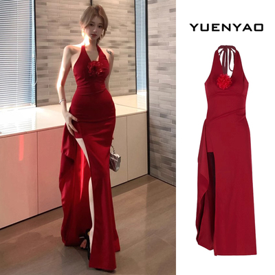 纯欲开叉春夏新款挂脖连衣裙