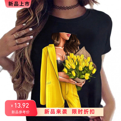 Fashion Girl Woman T-shirt 速卖通爆款时尚女孩印花女士黑色T恤