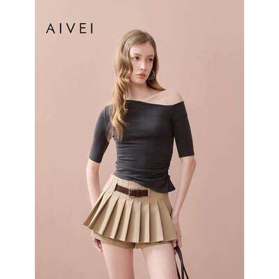 AIVEI欣贺艾薇2025夏季美式甜辣不对称斜肩掐腰T恤上衣XRV3501B