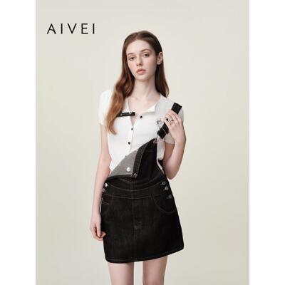 AIVEI欣贺艾薇2026夏季休闲复古文艺减龄工装牛仔背带裙XSV3L14C