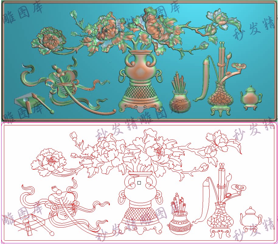 牡丹花如意花瓶精雕图jdp灰度图宝扇笔筒卷书笔砚横板背板510x223