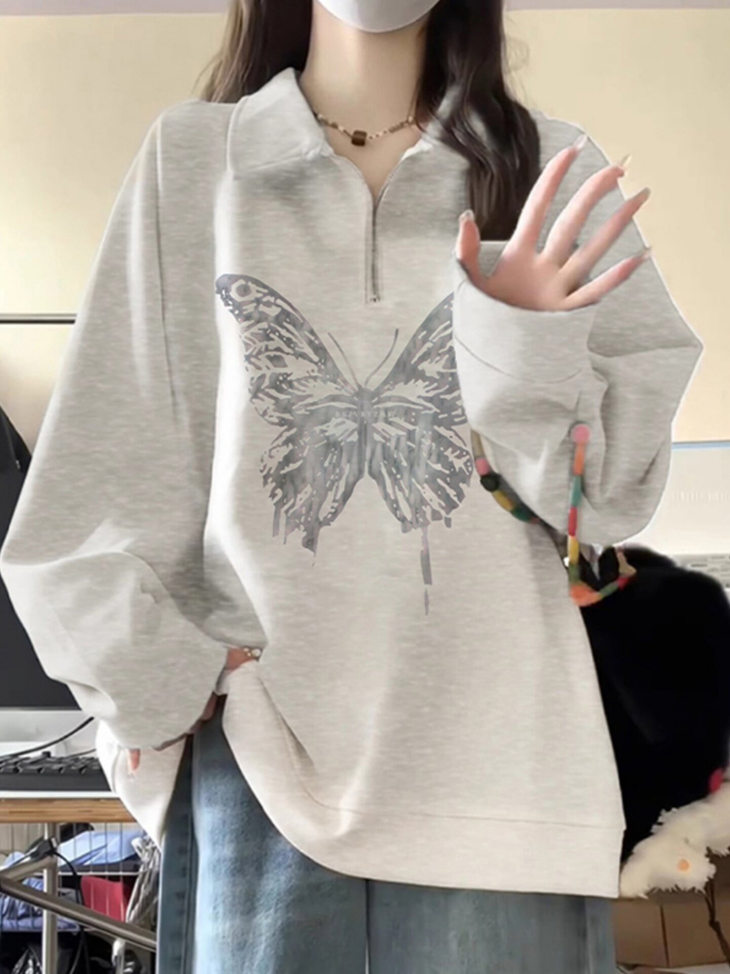 韩国半拉炼POLO领卫衣女2025新款春秋穿搭宽松显瘦薄款百搭上衣潮
