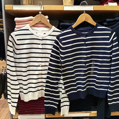 圆领条纹针织开衫毛衣长袖外套