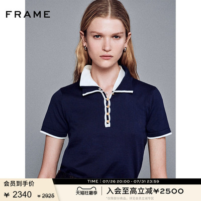 FRAME女士复古纯色翻领镶边POLO衫短袖T恤 新款