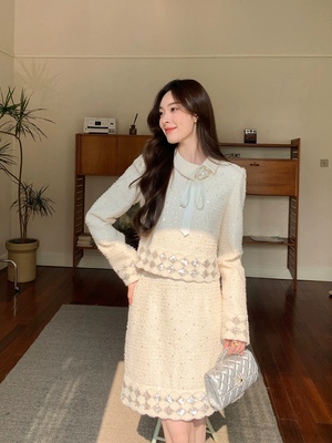 新款秋冬季洋气小香风亮片小衫上衣半裙两件套装女5231