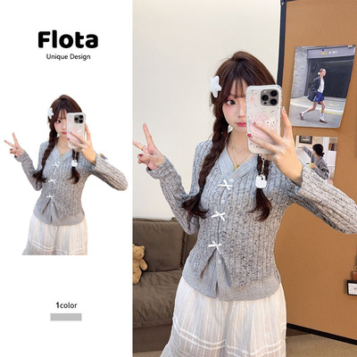 【flota】蝴蝶结假两件灰色针织长袖V领气质修身保暖内搭上衣3164
