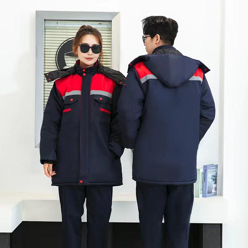 来图定制冬工作服男女连帽棉服加厚耐磨撞色反光条劳保服工装棉袄