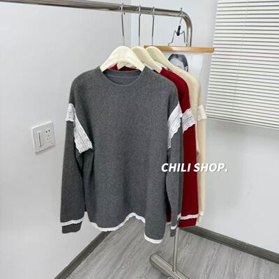 【英英Chili】bu退换 韩系圆领蕾丝边撞色浣熊绒针织大毛衣 01.30