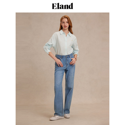 Eland牛仔裤女纯色简约双侧口袋设计宽松阔腿长裤EETJF23E05