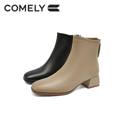 康莉真皮时装靴粗跟2025冬季新款后拉链短筒靴子KYQ58603B