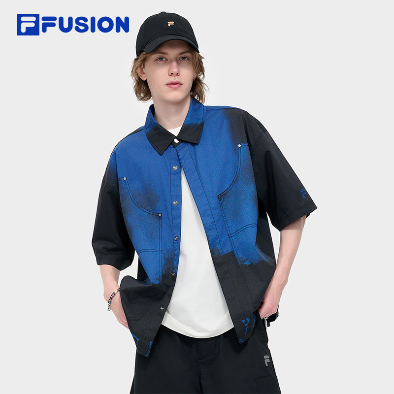 王星越同款 FILA FUSION斐乐潮牌男短袖衬衫2024宽松T11M433401F