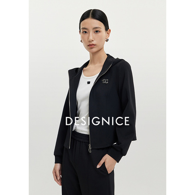 迪赛尼斯通勤休闲气质醋酸连帽拉链长袖卫衣短外套女