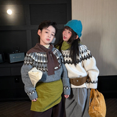 末小蒙童毛衣2026冬季男童女童韩版费尔岛毛线衣儿童加厚针织外套