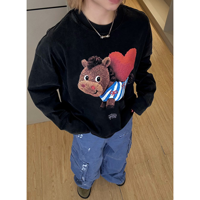 【马上有爱】美式休闲设计感小领口宽松字母印花长袖T恤hiphop潮