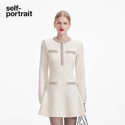 self-portrait 2025早春象牙白钻饰亮片针织连衣裙