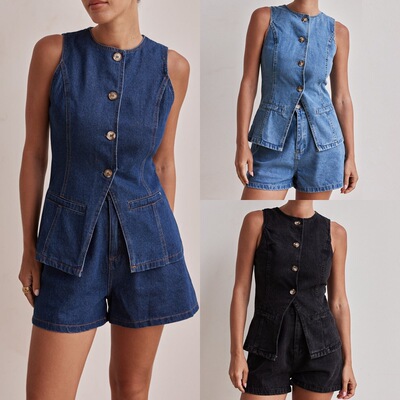 Women's sleeveless vest denim shorts set无袖马甲牛仔短裤套装