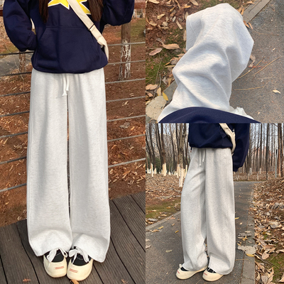 灰色阔腿裤女春秋冬休闲宽松运动