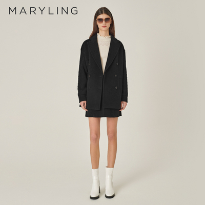 MARYLING黑色H廓型尖翻领外套