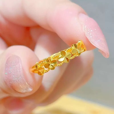 沙金四叶草戒指女幸运草仿金指环食指尾戒黄金色送女友久不掉色