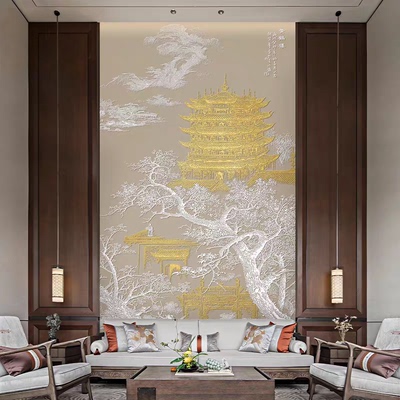 2026新中式山水墙纸背景墙壁纸别墅客厅挑高楼阁建筑壁布玄关墙布