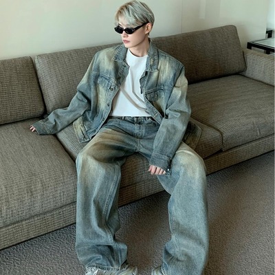 小众做旧复古水洗牛仔套装宽松垫肩夹克外套直筒裤两件套活力