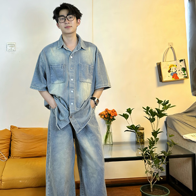 冯建宇水洗做旧翻领短袖牛仔衬衫外套上衣+阔腿裤子两件套装男女