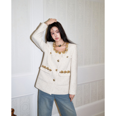 Three Quarters24秋季重工珠片钻饰方领粗花呢外套直筒牛仔裤