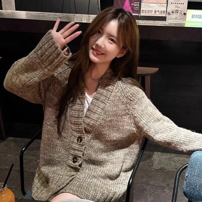 羊驼毛重磅慵懒V领纽扣毛衣氛围感开衫百搭宽松男女同款针织上衣