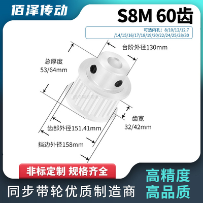 同步轮S8M60齿宽32/42内孔14 15 16 17 18同步带轮马达传动皮带轮