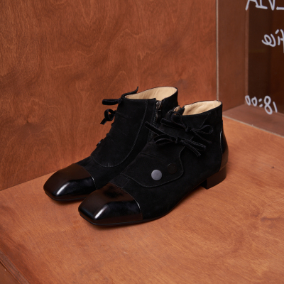 月曜事务所 原创设计手工制作 allblack拼皮设计感方头蝴蝶结踝靴
