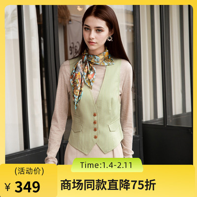 谜底无领西装马甲女2025秋新款复古风修身条纹拼接马夹257MM7721