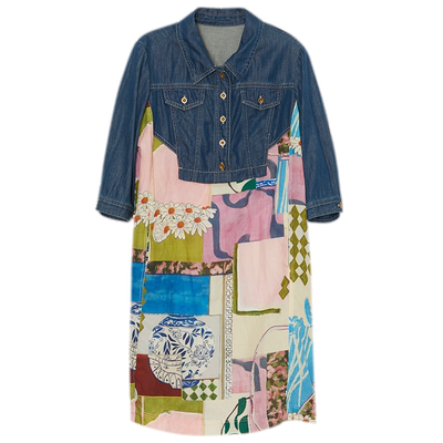 谜底复古牛仔拼接连衣裙