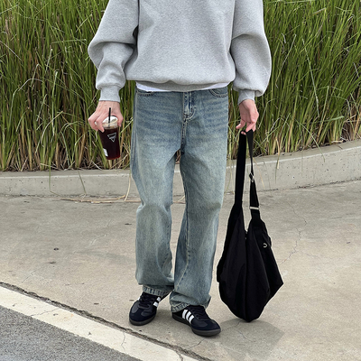 nick tian 美式复古水洗做旧牛仔裤男秋冬宽松直筒休闲百搭长裤子