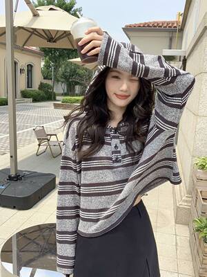 你好卡农 条纹连帽宽松针织衫女早秋2023新款慵懒小个子短款上衣