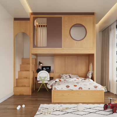 定制小户型实木子母上下床交错式小户型带书桌上床下柜储物组合床