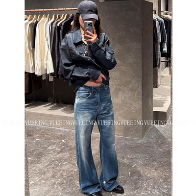 泼墨涂鸦高腰显瘦破洞微喇牛仔裤