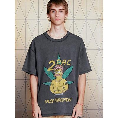 False Perception 辛普森水洗做旧高街美式休闲短袖男士休闲T恤衫