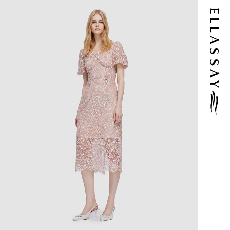 ELLASSAY歌力思夏季新款法式蕾丝简约中长连衣裙女EWD352Y17900