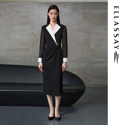 ELLASSAY歌力思秋冬新款三醋纤薄透纱袖西装连衣裙女EWF363Y02100