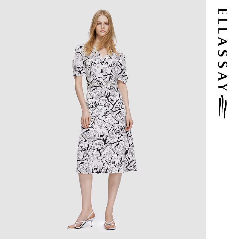 ELLASSAY歌力思夏季新款简约线条感碎花连衣裙女EWD352Y10600